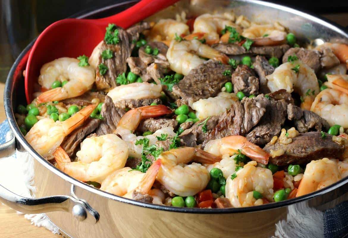 Easy Paella Recipe with Beef and Shrimp #SundaySupper