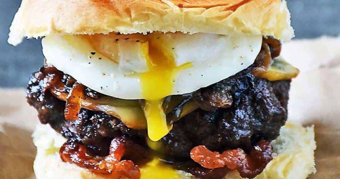 Poached Egg Burger Recipe with Caramelized Onions | Sunday Supper Movement